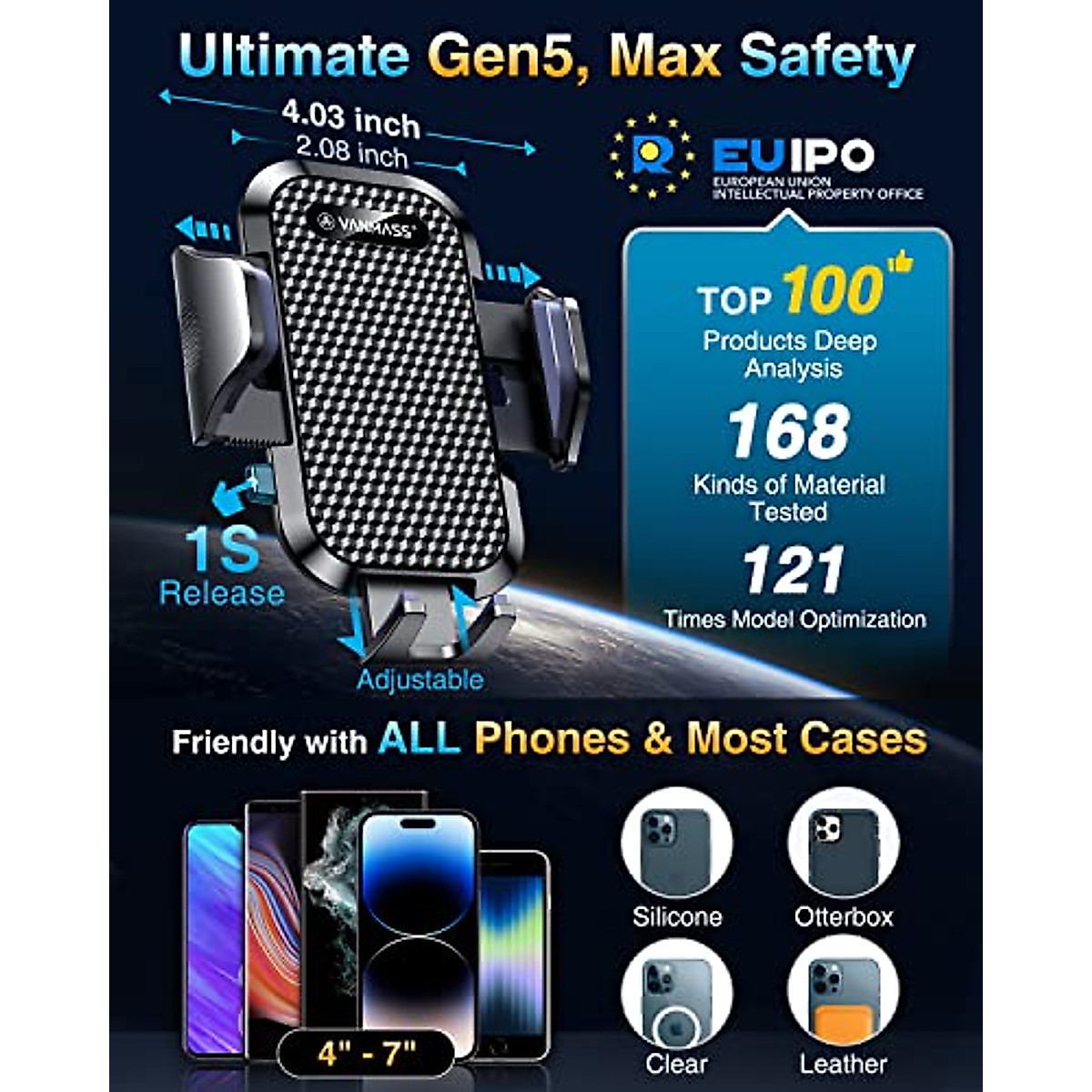 VANMASS TOP Car Phone Holder [Military-Grade Suction & Vent Clip] Cell Phone Mount for Car Dashboard Windshield Vent, Truck Automobile Cradles Dash Stand Bracket for iPhone 14 Pro Max 13 12 11 Android