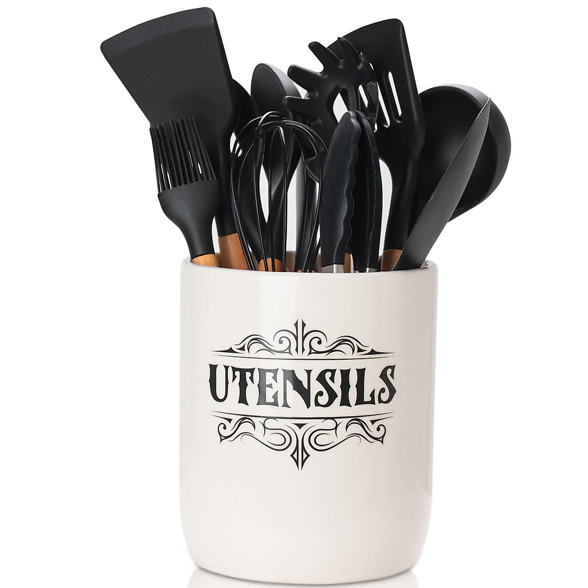 Xarkany® Kitchen Utensil Holder for Countertop - 7” x 6” Large Ceramic Utensil Caddy - Farmhouse Kitchen Decor- Rustic Kitchen Organization Countertop - Utensil Crock - White (Utensils not Included)