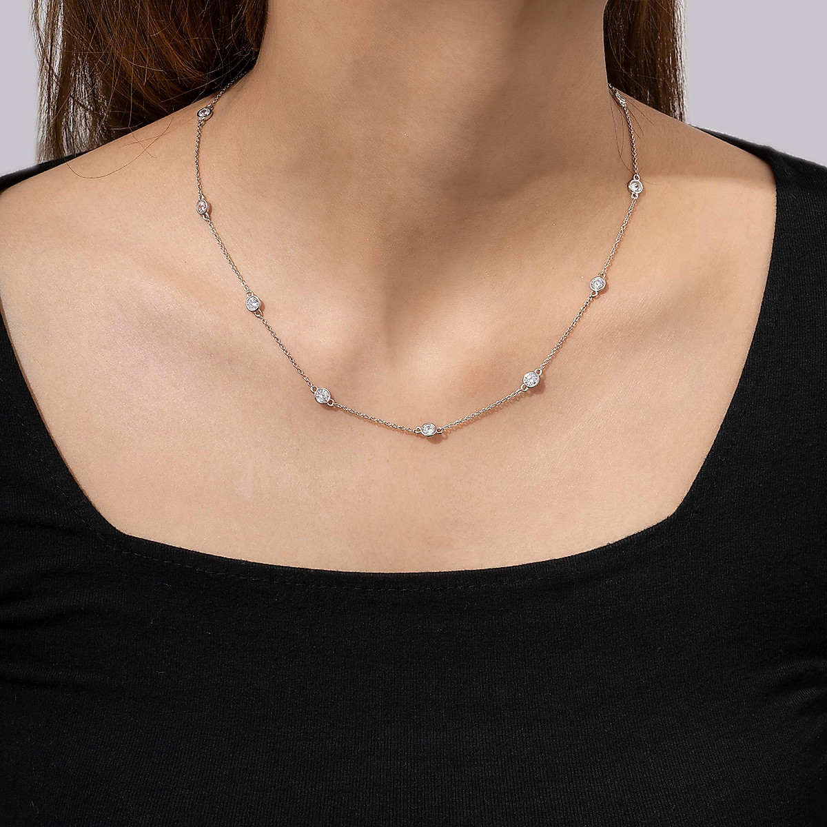 Amazon Essentials Platinum Plated Sterling Silver Station Necklace set with Infinite Elements Cubic Zirconia (4mm), 18" (previously Amazon Collection)