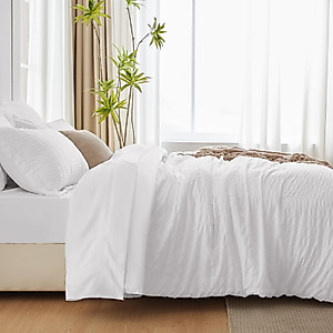 CozyLux Twin Bed in a Bag White Seersucker Textured Comforter Set with Sheets 5-Pieces for Girls and Boys - Bedding Sets with Comforter, Pillow Sham, Flat Sheet, Fitted Sheet, Pillowcase