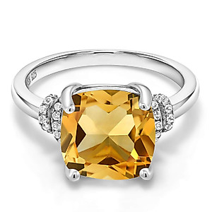 Gem Stone King 925 Sterling Silver Yellow Citrine Engagement Ring For Women (3.51 Cttw, Cushion Cut 10MM, Gemstone Birthstone, Available in size 5, 6, 7, 8, 9)
