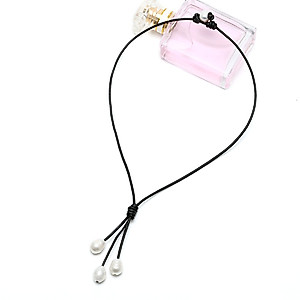 Pearlypearls 3 Freshwater Pearl Pendant Necklace on Black Leather Cord Jewelry for Women 18''