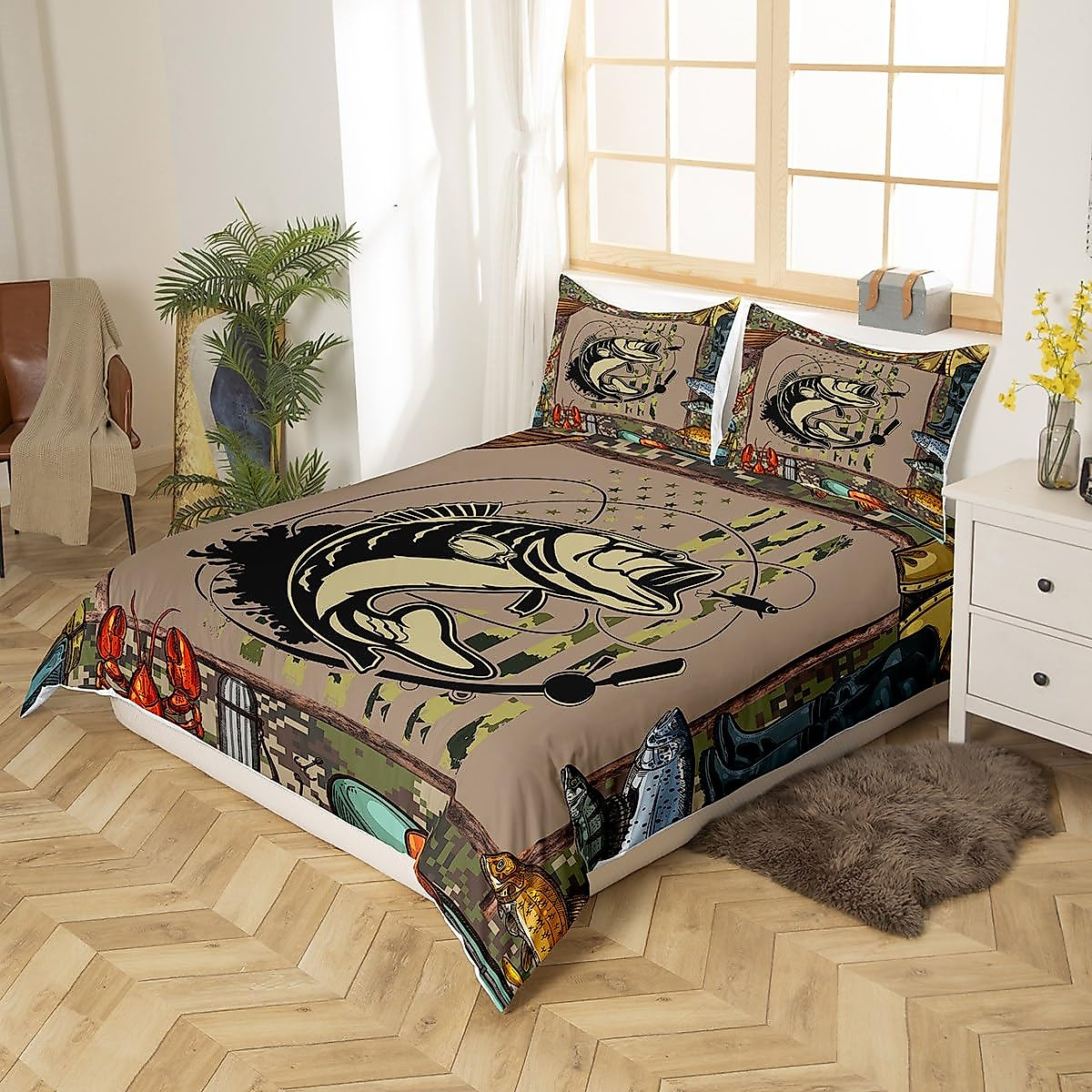 Fishing and Hunting Duvet Cover Camo American Flag Fishing Bedding Set Twin for Teen Boys Men Fishermen,Rustic Big Bass Pike Fish Comforter Cover,Farmhouse Cabin Quilt Cover with 1 Pillow Case