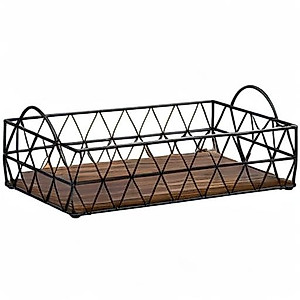 MyGift 16 Inch Deluxe Black Metal Toilet Tank Tray with Geometric Wire Design and Burnt Wood Base, Bathroom Vanity Toiletry Storage Organizer Tray with Handles