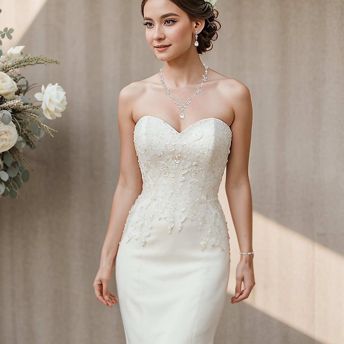 BriLove Wedding Jewelry Set for Women Bride, Y-Necklace Tennis Bracelet Dangle Earrings Crystal Teardrop Marquise Cluster for Bridal Bridesmaid Clear Silver-Tone