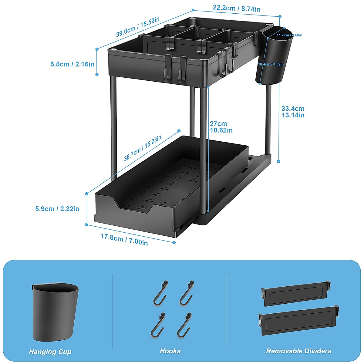 2 Tier Under Sink Organizers and Storage, 2 Pack Taller Sturdy Under Cabinet Organizer with Sliding Out Drawers Basket, Hooks, Cups, Bathroom Under Sink Cabinet Organizer Kitchen Organizer and Storage