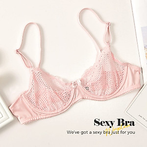 Wingslove Women's Sexy 1/2 Cup Lace Bra Balconette Mesh Underwired Demi Shelf Bra Unlined See Through Bralette (Light Pink, 36A)