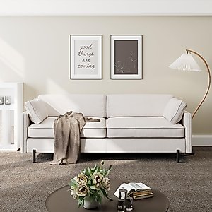 MULEJYBO 79" Comfy Sofa with 2 Pillow, Modern 3 Seater Linen Sofa Couch, Solid Wood Frame & Metal Legs, Perfect for Living Room, Bedroom, for Small Space, Sturdy & Durable, Easy Assembly, Beige