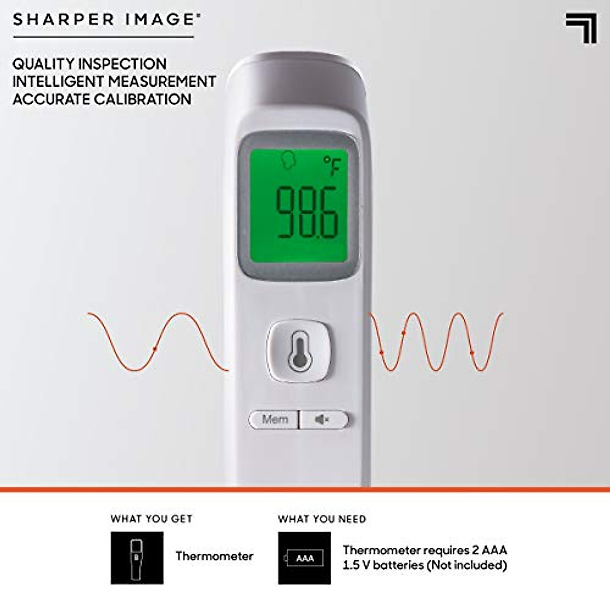 SHARPER IMAGE Digital Touchless Smart Forehead Thermometer, High-Precision Infrared Sensors, Stores 35 Readings, Touch-Free Temp Scans, Battery Powered, Built-in LED Glow Light