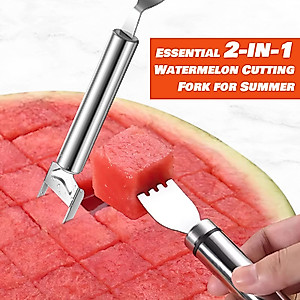 Generic 2PCS 2-in-1 Watermelon Fork, Watermelon Slicer Cutter, Stainless Steel Fruit Cutter Carving Tool for Home Party Family Camping, Portable Watermelon Fork Slicer Tool Fruit Forks Slicer, Silver
