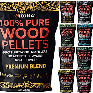 Kona Smoker Grilling Pellet Sets 8X /1 Pound Variety Pack (8 pounds Total), 100% Oak+100% Hickory+Sweetwood Blend+Premium Blend+100% Apple+100% Cherry+Supreme Blend+100% Mesquite Acacia