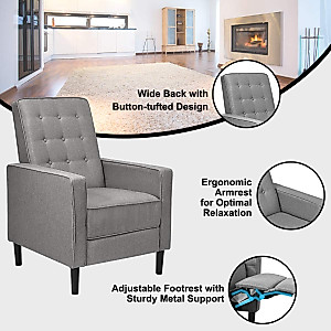 Giantex Push Back Recliner Chair, Modern Fabric Recliner w/Button-Tufted Back, Accent Arm Chair for Living Room, Bedroom, Home Office(Grey)
