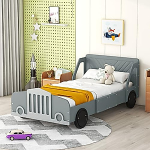 Designs Twin Size Car-Shaped Platform Bed with Wheels Wooden Platform Bed Frame with Support Slats for Kids Boys Girls Teens (Gray-@2)