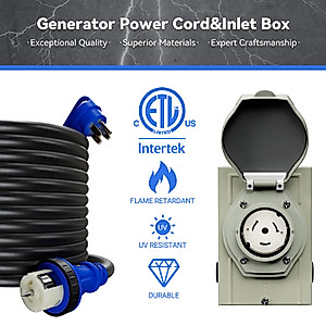 50AMP 15Feet Generator Cord with Pre-drilled Power Inlet Box, 50 Amp 4 Prong, 125V/250V NEMA 14-50P Male to SS2-50R, STW 6/3+8/1 AWG Twist Locking with Inlet Box for Generator to House, UL&ETL Listed