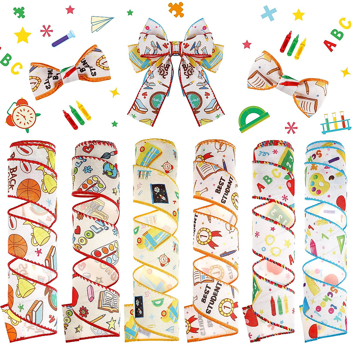 Tigeen 6 Rolls 30 Yards Back to School Wired Ribbon School Themed Fabric Decorative Craft Ribbon for Classroom Craft Gift Wrapping Hair Bow Sewing Wreath