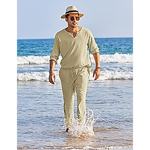 COOFANDY Men's 2 Pieces Cotton Linen Set Henley Shirt Long Sleeve and Casual Beach Pants Summer Yoga Outfits