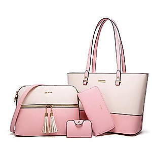 Women Fashion Synthetic Leather Handbags Tote Bag Shoulder Bag Top Handle Satchel Purse Set 4pcs