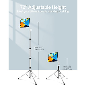 elitehood Aluminum iPad Tripod Stand, 72in Height Adjustable iPad Floor Stand, Heavy Duty Silver iPad Tripod Holder Mount, Compatible with iPad Pro 12.9, 11, iPad Air Mini 4.7-13in Tablets & Phones
