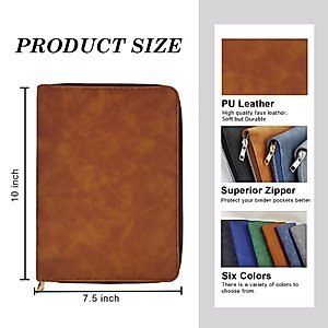 A5 Binder Case PU Leather Portfolio Budget Binder Refillable Notebook Planner Cover with Zipper 6 Rings Money Document Organizer for Business Interview (Brown)