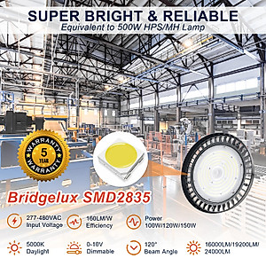 480V UFO LED High Bay Light 150W 120W 100W Adjustable, 5000K Daylight High Bay LED Shop Lights (500W MH/HPS Equiv.), 0-10V Dimmable Commercial Bay Lighting for Warehouse Factory, IP65 AC 277-480V