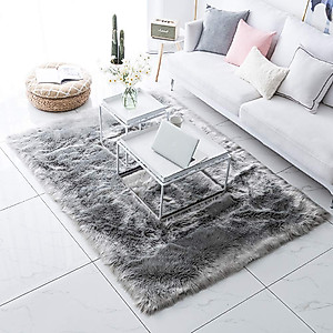 Carvapet Shaggy Soft Faux Sheepskin Fur Area Rugs Floor Mat Luxury Beside Carpet for Bedroom Living Room 5ft x 7ft, Grey