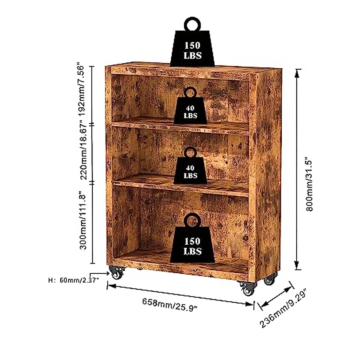 FUSUNBAO 3-Tier Bookshelf with Wheels Industrial Style Book Storage Organizer Bookcase Floor Standing Fixed Shelves,Adjustable Shelf,Display Shelves Cabinet for Living Room/Bedroom/Office