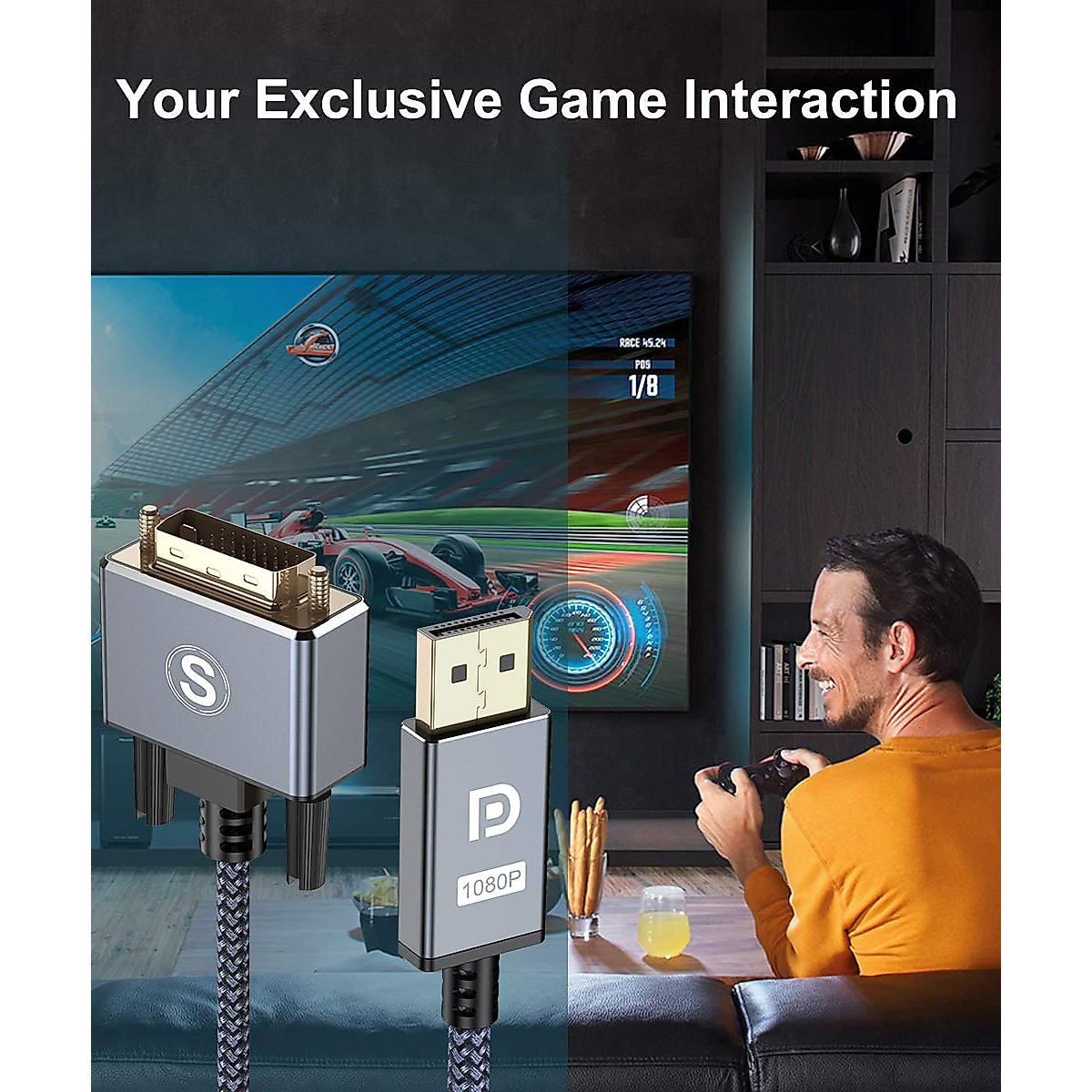 sweguard DisplayPort to DVI Cable 10ft, DVI to Displayport Adapter Male to Male, High Speed Gold Plated Nylon Braided DP to DVI-D Cable Compatible with Lenovo, Dell, HP, Monitor, and Other Brand-Grey