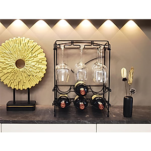 EMT ETRENDS Wine Rack Countertop, Wine Holder for 6 Bottles and 6-9 Glasses, Freestanding Wine Storage Shelves for Kitchen, Pantry, Cellar, Bar, Black.