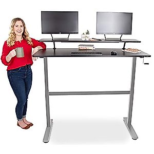 Stand Steady Tranzendesk 55 in Standing Desk with Clamp On Shelf | Easy Crank Height Adjustable Stand Up Workstation w/Attachable Monitor Riser | Holds 3 Monitors & Adds Desk Space (55/Silver Base)