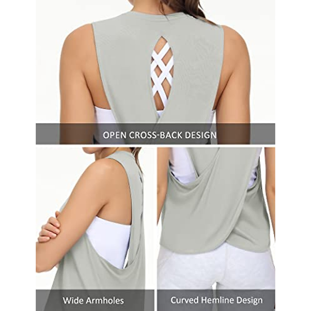 THE GYM PEOPLE Women's Open Cross Back Workout Tank Tops Loose Fit Sleeveless Yoga Running Shirts Light Grey