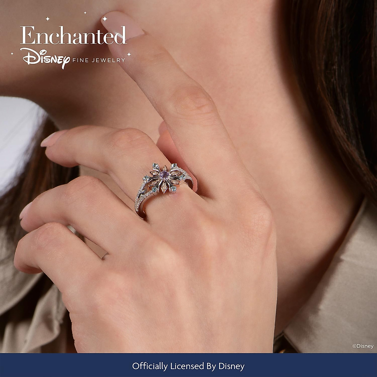 Jewelili Enchanted Disney Fine Jewelry Elsa Snowflake Ring in 14K Rose Gold Over Sterling Silver with Diamonds, Sky Blue Topaz and Rose de France Size 6