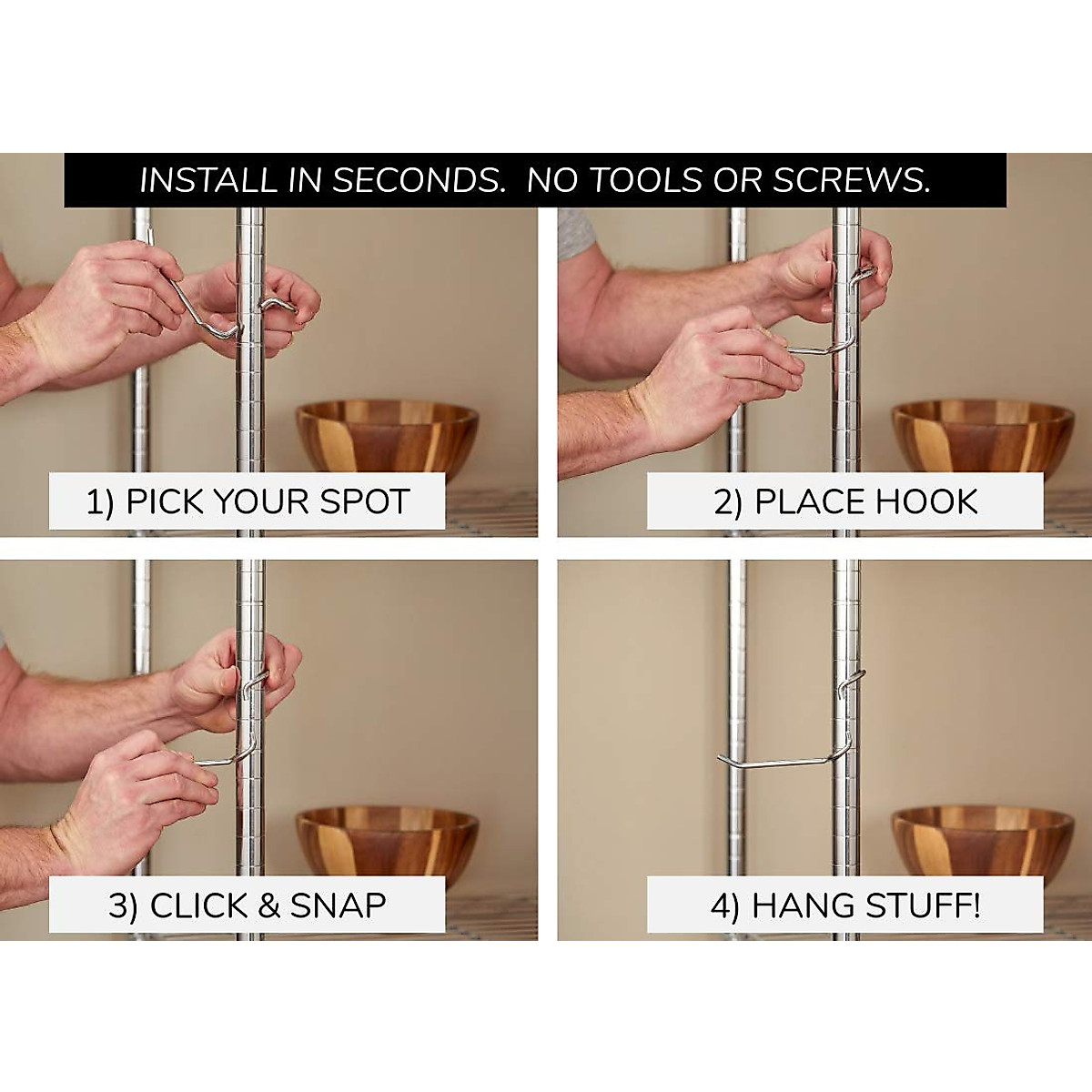 Pole Hooks 5-Pack | Utility Hanger Chrome | Best Solution for Garage Shelving Storage Organization | Use with Metal or Wire Shelves and Racks | Heavy Duty, Easy Installation