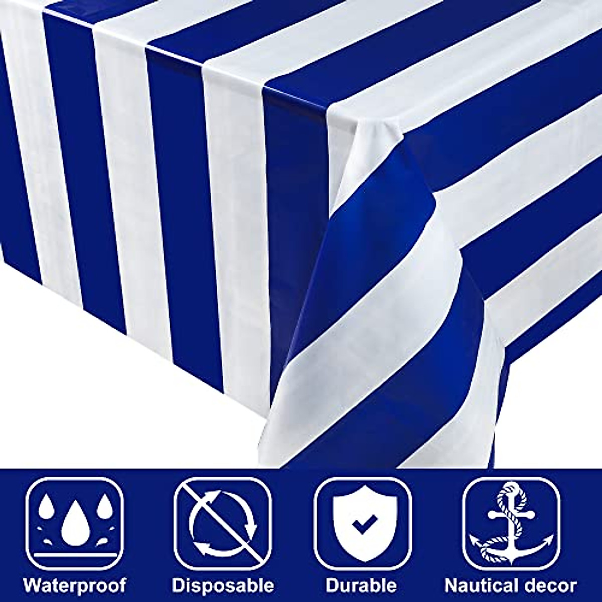 peony man 4 Pieces Blue and White Striped Tablecloth Nautical Blue Plastic Table Cover Waterproof Disposable Rectangle Tablecloth for Party Kitchen Dining Table Decor