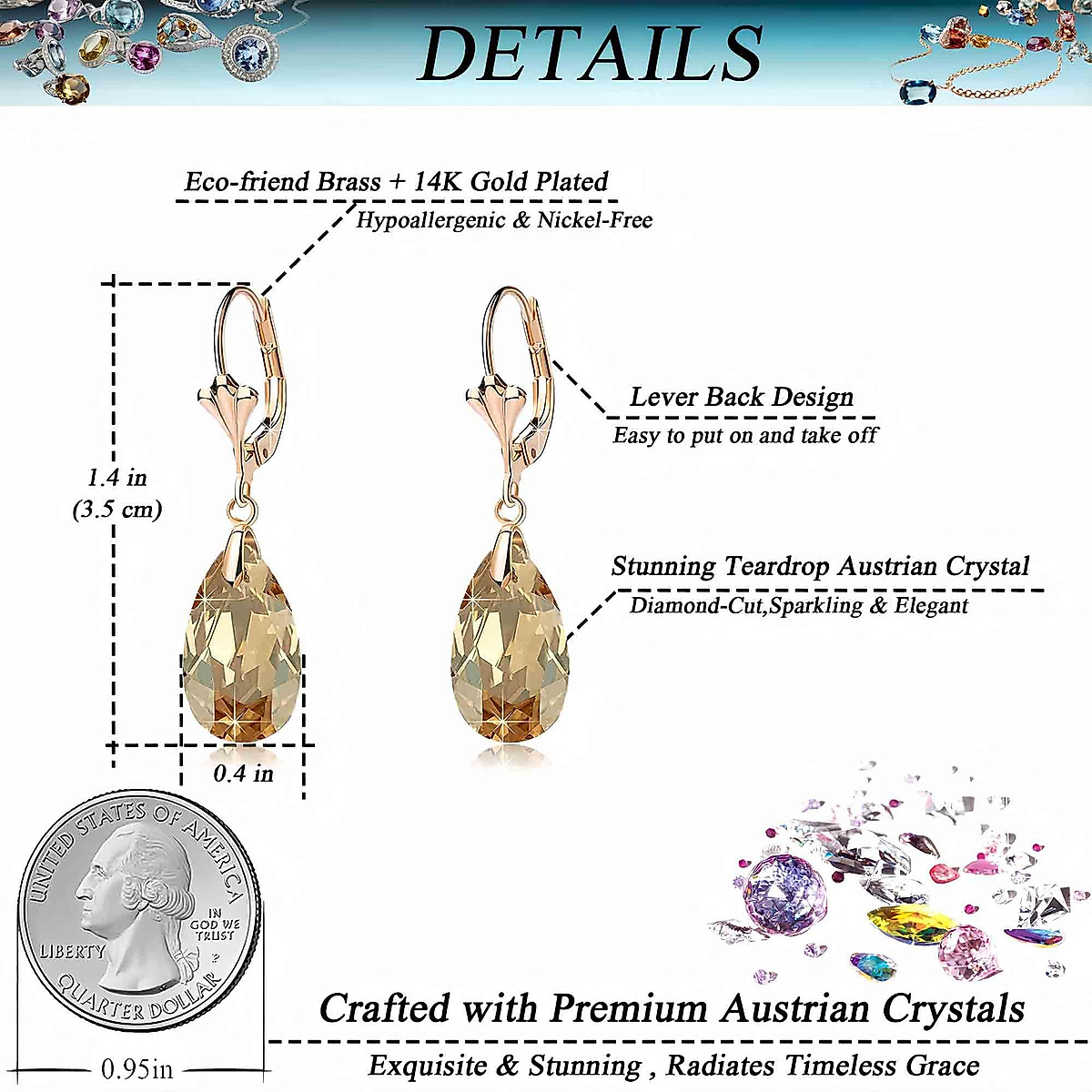 Austrian Crystal Teardrop Leverback Dangle Earrings for Women Fashion 14K Gold Plated Hypoallergenic Jewelry (Topaz)