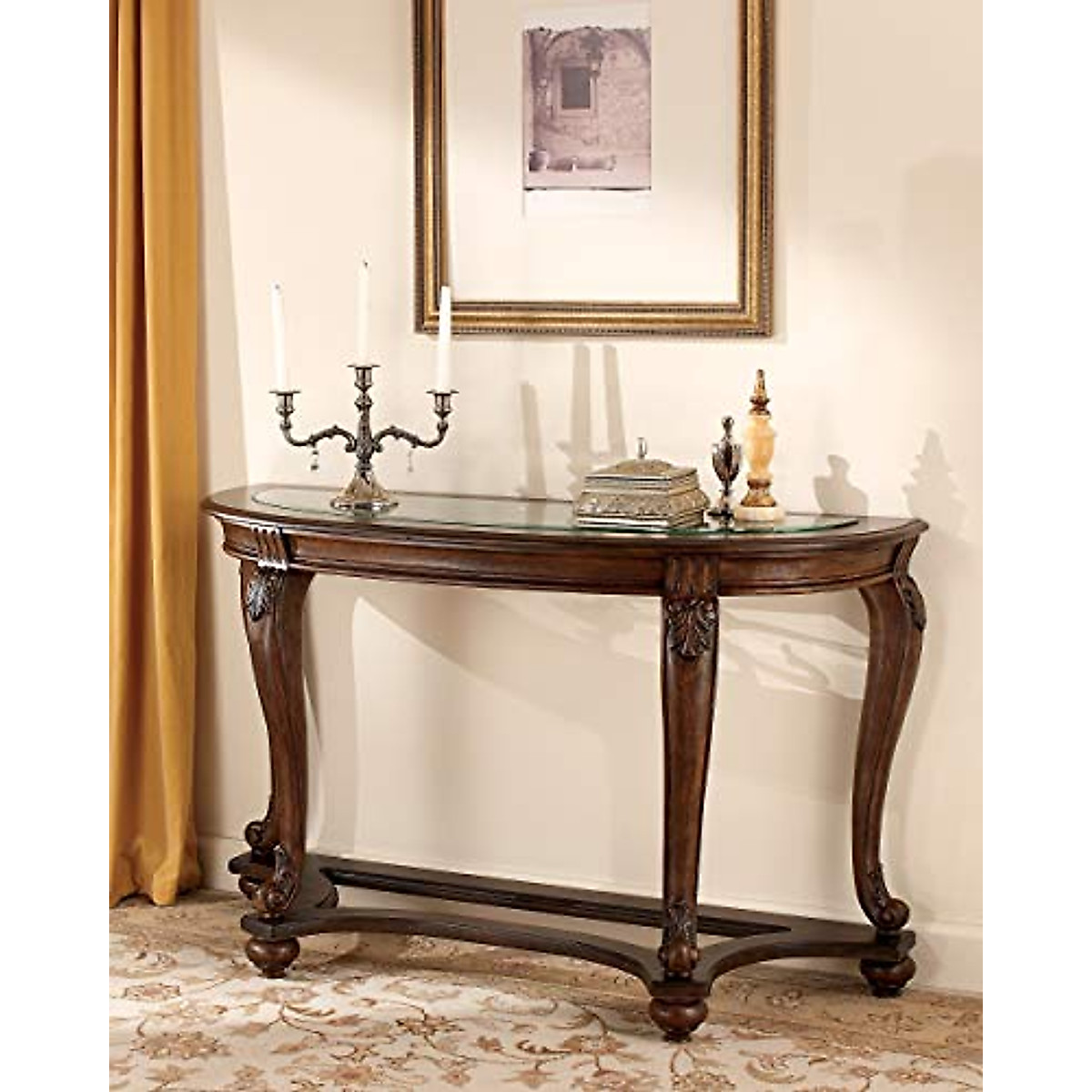 Signature Design by Ashley Norcastle Traditional Half Moon Sofa Table with Beveled Glass Top and Scrollwork Legs, Dark Brown