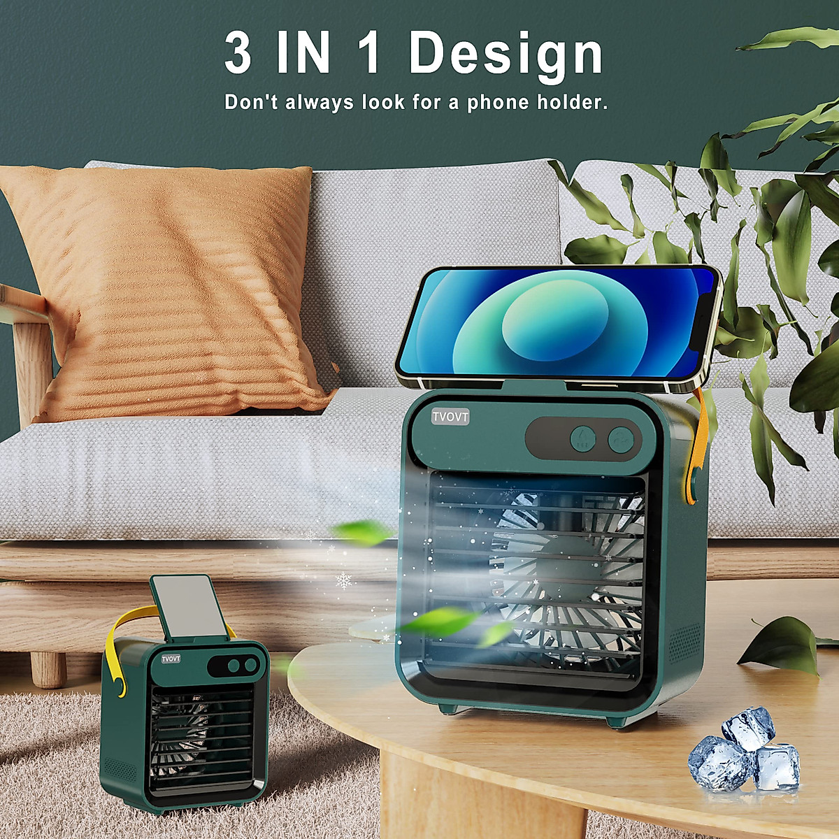 TVOVT Multifunction Portable Air Conditioner: 3-IN-1 Desige USB Powered Desktop Cooler Fan with 2 Spray Modes and 3 Wind Speeds for Home and Office, with Silicone-ice-Tray and Foldable-Funnel