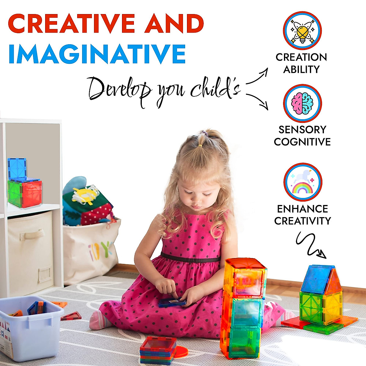 Smart Uses 100pc Magnetic Tiles for Kids Ages 4-8, Educational 3D Magnetic Building Blocks for Kids and Toddlers 1-3, Magnetic Toys with Different Shapes, Colors for Creativity and Imagination.