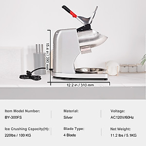 VEVOR Ice Crushers Machine, 220lbs Per Hour Electric Snow Cone Maker with 4 Blades, Stainless Steel Shaved Ice Machine with Cover and Bowl, 300W Ice Shaver Machine for Home and Commercial Use, Silver