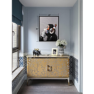 Modern Pop Art Decor - Framed - Thinking Monkey With Headphones Canvas Print Home Decor Wall Art, Gallery Wrap Inner Frame, 24x24