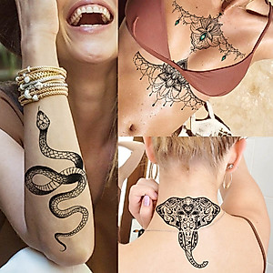 Bilizar 32 Sheets 89+ PCS Black Lotus Temporary Tattoos For Women Hands Adults Underboob, Tribal Indian Elephant Skull Snake Fake Tattoos, Bulk Bohemia Butterfly Tattoo Kit Sets Mandala Flower Moon