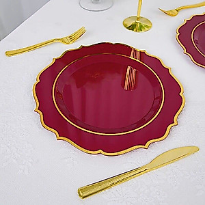 20 Pcs of 10.5" Burgundy Round Dinner Plates With Gold Scalloped Rim Wedding Tableware