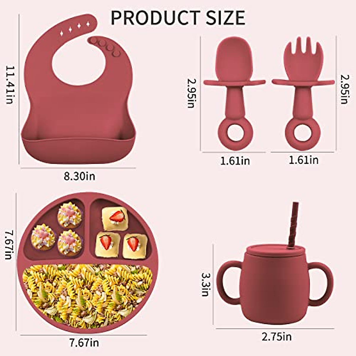 Baby Feeding Supplies - Led Weaning Silicone Baby Feeding Set, Baby Plates with Suction, Toddler Sippy Cups, First Stage Self Feeding Utensils Dishes Set with Bibs, Baby Spoons and Forks, 9 Pieces