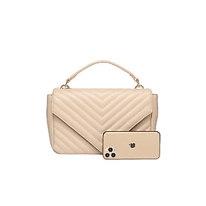 Daisy Rose Quilted Chevron Shoulder Cross Body Bag with Top Handle, PU Vegan Leather - Beige