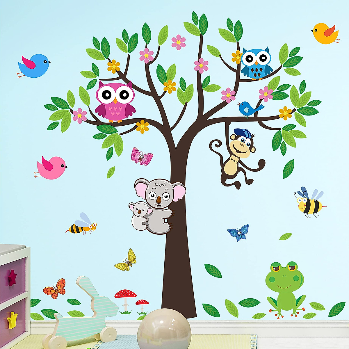 Amaonm Giant Tree With Cartoon Animals Monkey Owls Wall Sticker Removable 3D DIY Green Leaves Wall Decal Nursery Peel and Stick art Decor for Kids Baby Bedroom Home Living Room Classroom Decoration