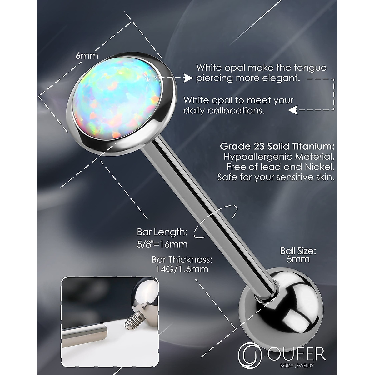 OUFER 14G Tongue Rings, G23 Solid Titanium Tongue Piercing Jewelry, White Opal Internally Threaded Tongue Ring, Tongue Rings for Women Men
