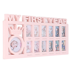 CHICIRIS Newborn Baby First Year Picture Frame with 12 Month Slots, Baby Monthly Collage Keepsake Frame for Photo Memories, White(pink)