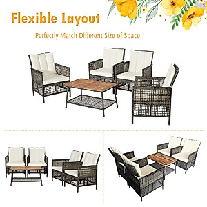 Tangkula 5 Piece Patio Furniture Set, Patiojoy Outdoor PE Wicker Sectional Sofa Set with 2-Tier Coffee Table, Acacia Wood Tabletop, Storage Shelf, Patio Conversation Set with Cushions (1, Off White)