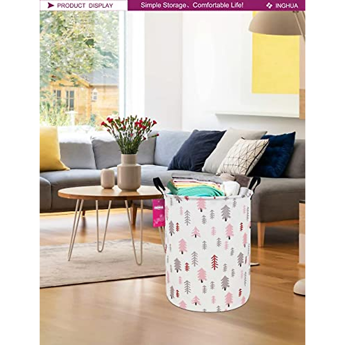 INGHUA Laundry Hamper Large Canvas Fabric Lightweight Storage Basket/Toy Organizer/Dirty Clothes Collapsible Waterproof for College Dorms, Boys and Girls Bedroom,Bathroom(Pink pine tree)