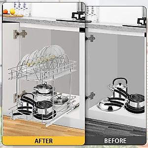 FULGENTE Pull Out Cabinet Drawer Organizer for Lid Cookware 11" W x 21" D 2 Tier Slide Out Kitchen Shelves Storage for Pots and Pans Roll Out Pot Top Shelf for Cabinet Wire Frame Chrome Finish