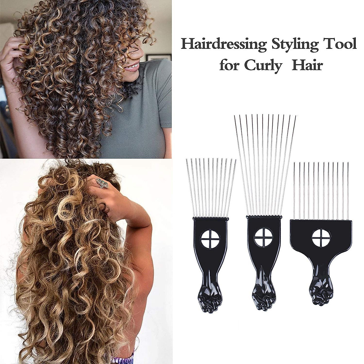 LEADUWAY 3 Pcs Hair Pick, Metal Picks for Afro Hair, Hair Picks for Women and Men, Afro Combs, Fist Pick for Hair, Hair Comb for Hair Styling Black